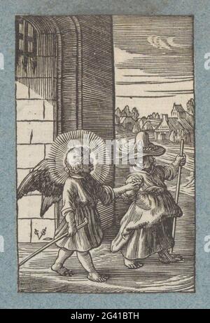 Engel takes child dressed as a pilgrim at hand; Pia Desideria Stock ...