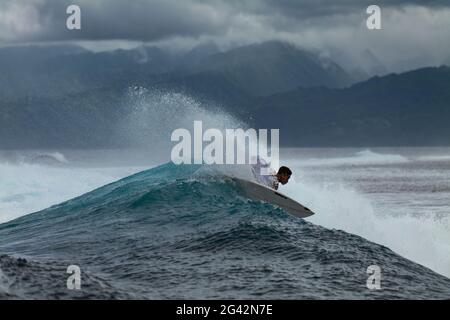 Breaking wave in the Teahupoo surfing area with birds flying by, Tahiti ...