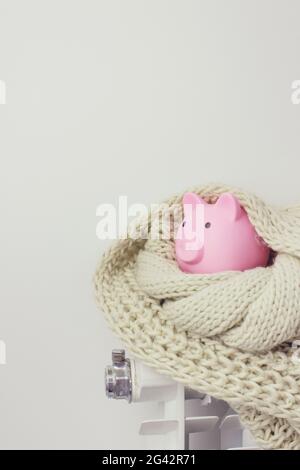 Piggy bank with scarf on radiator. Concept of heating season Stock ...