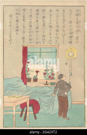 Man looks at pendulum clock, A man stands beside his bed and looks up ...