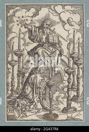 John the Evangelist kneels Before Christ and the Lamb with the seven horns and the seven eyes ...