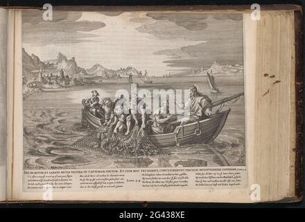 Christ and his apostles aboard a fishing boat. Christ commands the nets ...