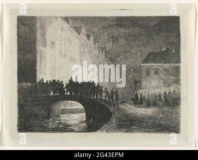 Brand in Delft, 1847. Spectators standing on a bridge looking at a fire ...