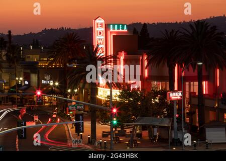 Brea, California, USA - June 2, 2021: Sunset descends over the popular ...