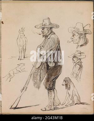 Figure with a gun on the shoulder. Also a men's head. Page 115 from a ...