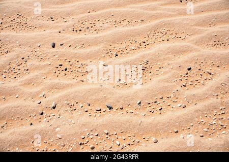 Wind-blown sand ripples and pebbles, part of an ancient seabed, in the ...