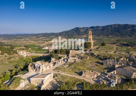 Aerial view of the Corbera d'Ebre old town (Poble Vell in catalan ...