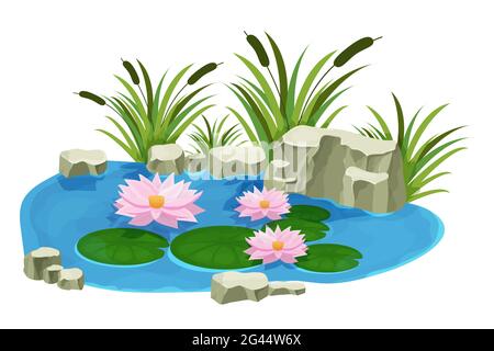 Water puddle in cartoon style isolated on white background. Spill, lake ...