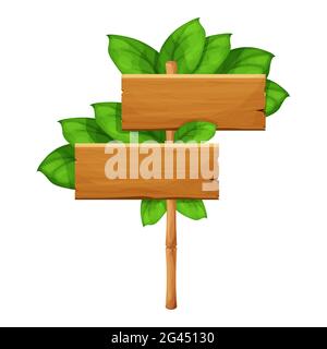 Wooden plank, jungle frame with leaves, exotic decoration in comic ...
