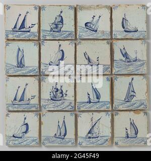 Field of sixteen tiles with ships. Field of sixteen tiles (4 x 4) each ...