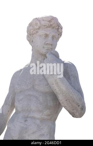 Ancient man's upper body stone sculpture on white background Stock ...