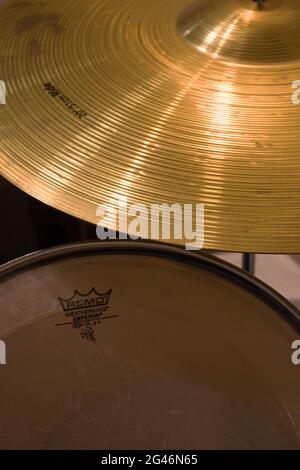 Close up of a bronze musical cymbal. Concept of metal processing Stock ...
