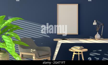 Vertical poster mock up on the night table in bedroom with blue wall ...