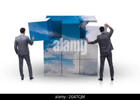 Businessman building cloud cube with the shapes Stock Photo - Alamy