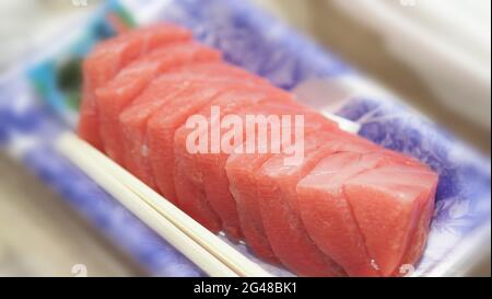 Blue fin tuna belly or Otoro as its known in Japan prepared and waiting ...