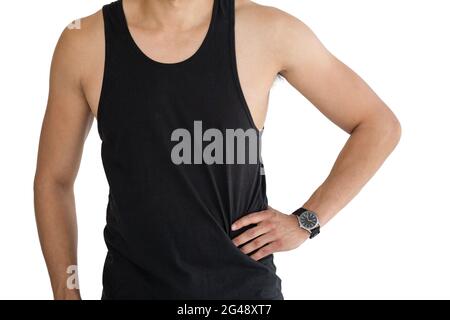 Mid-section of man posing against grey background Stock Photo - Alamy