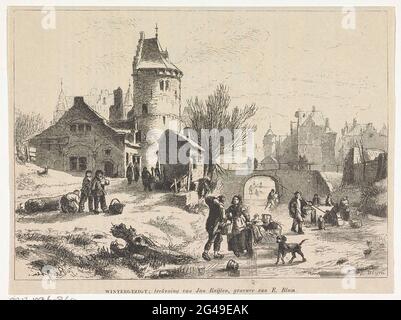 Winter face. Frozen sail with figures on the ice. Houses and a bridge ...