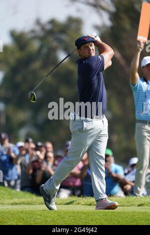 Bryson DeChambeau hits his tee shot on the 16th hole during the second ...