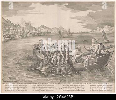 Christ and his apostles aboard a fishing boat. Christ commands the nets ...