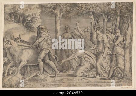 Hercules roars the cattle of Geryon. Hercules runs to the left with ...