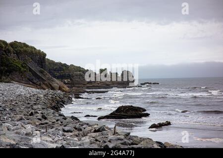 Punakaiki pancake rocks and blowhole walk, New Zealand. A limestone ...