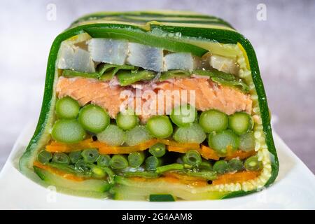Recipe of marbled vegetables, salmon and langoustines, terrine salmon ...