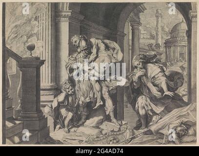 Aeneas flight with his family from Troy. Aeneas escape the burning troy ...