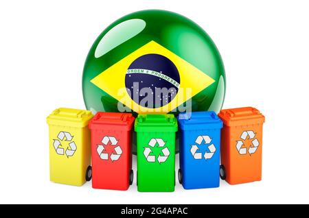 Waste recycling in Brazil. Colored trash cans on the map of Brazil, 3D ...