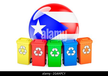 Waste recycling in Puerto Rico. Colored trash cans on the map of Puerto ...