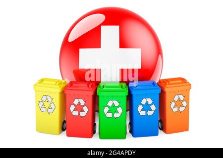 Waste recycling in Switzerland. Colored trash cans on the map of ...