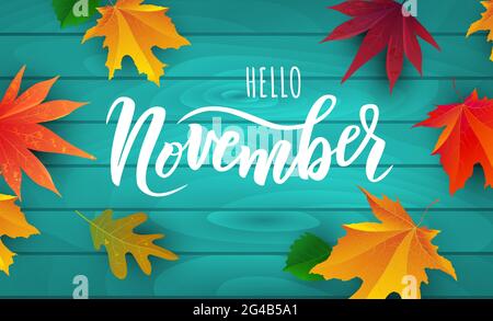 Hello November hand lettering text on poligon vector wreath with autumn ...