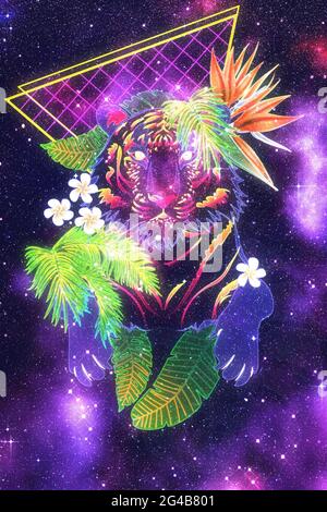Abstract tiger with geometric elements, tropical plants, starry space ...
