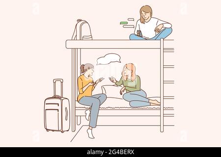 Hotel or hostel reception with cartoon girl. Rooms available vector ...