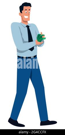 Counting cash money rich man. Vector simple happy holding salary ...