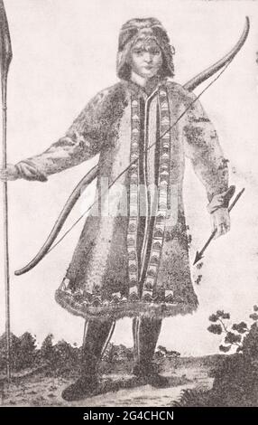 Sakha or Yakut man, Siberia, Russia. He wears a cap of animal fur, a ...