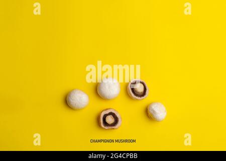 simple mushroom champignon, raw sliced pieces, creative flat lay layout ...