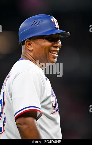 Texas Rangers third base coach Tony Beasley (27) congratulates ...