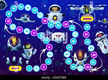 Step board game, cartoon robots and droids with numbered path and spring arrows. Vector ...