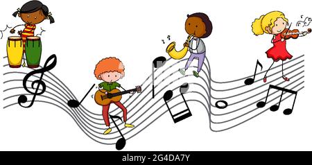 Musical melody symbols with many doodle kids cartoon character ...