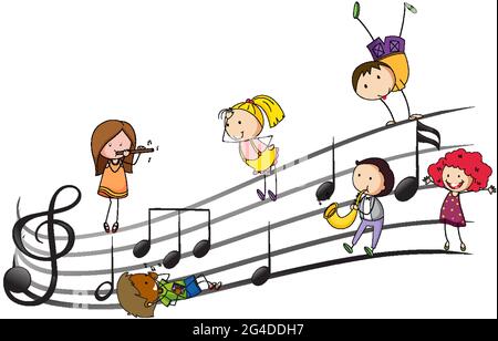 Musical melody symbols with many doodle kids cartoon character ...