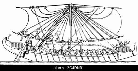 Ancient Egyptian ships. 19th Century artwork of a Fresco found in ...