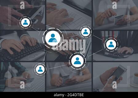 Social media and teamwork concept illustrated by pictures on background ...