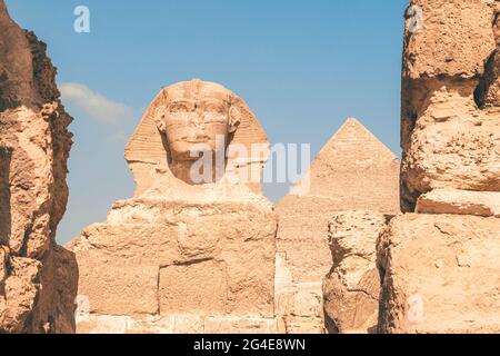 Limestone head statue of ancient Egyptian king, front view antique man ...
