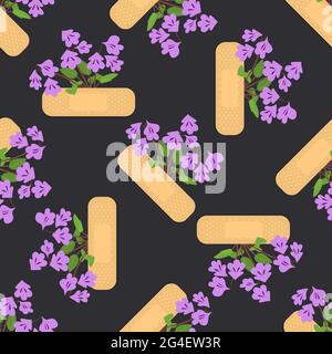 Seamless pattern with sticking plasters and purple flowers. Medical ...