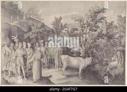 . Balaam meets King Balak from Moab and his soldiers. Next to them a ...