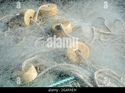 White fishing net with net floats, Rerik seaside resort, Mecklenburg ...