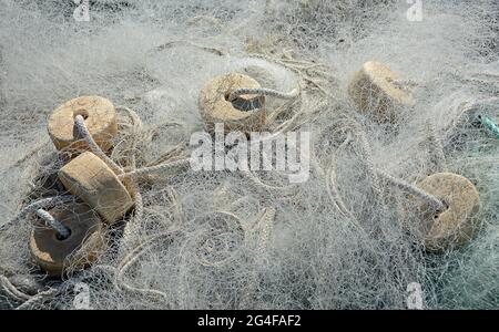 White fishing net with net floats, Rerik seaside resort, Mecklenburg ...