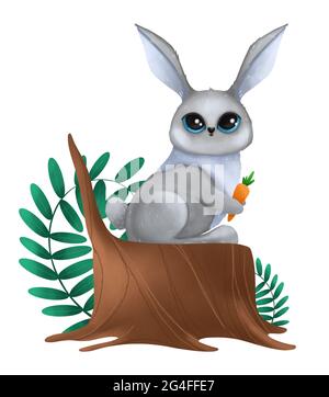 Cute little bunny with carrot on lawn. Watercolor rabbit illustration ...