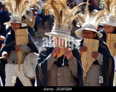 Inti Raymi, festival of the sun, musicians with drums and siku, pan ...