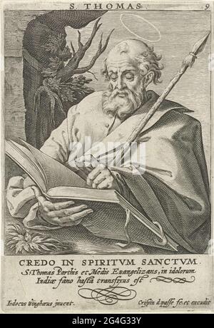 . The apostle Thomas with a spear in his left hand. With his other hand ...